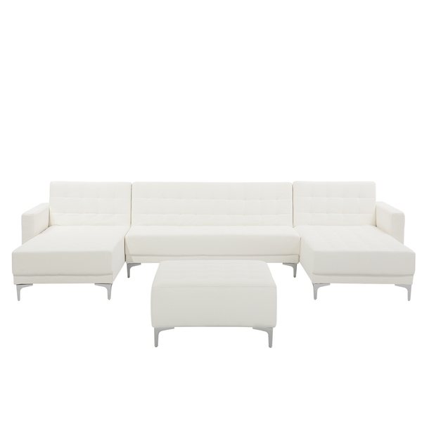 Narożnik rozkładany 5-osobowy z otomaną ekoskóra biały ABERDEEN - Arena.pl