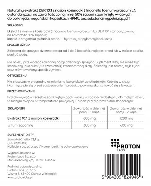 Proton Labs KOZIERADKA 600 mg Ekstrakt 10:1 FENUGREEK 50% saponiny 100 ...