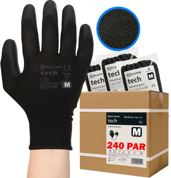 Rękawice Robocze MERCATOR Tech Black+Black PU - M - 240 Par - Arena.pl