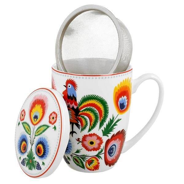 Zestaw Kubek Porcelanowy z Zaparzaczem Duo Wzory Ludowe Kwiaty Kogut 420 ml - Arena.pl