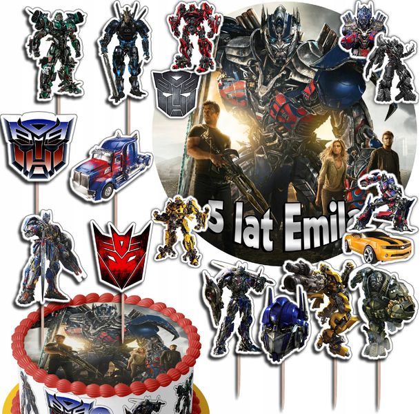ZESTAW OPŁATEK NA TORT 20CM + TOPPERY - TRANSFORMERS + IMIĘ 15CM 18CM ...