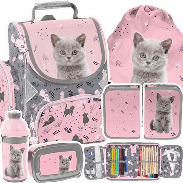 TORNISTER SZKOLNY PLECAK DLA DZIEWCZYNKI DO 1 KLASY KOT BIDON ŚNIADANIÓWKA - Arena.pl