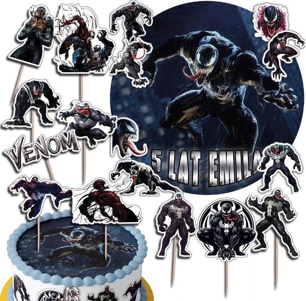 ZESTAW OPŁATEK NA TORT 20CM + TOPPERY PAPIEROWE - VENOM + IMIĘ 15CM ...