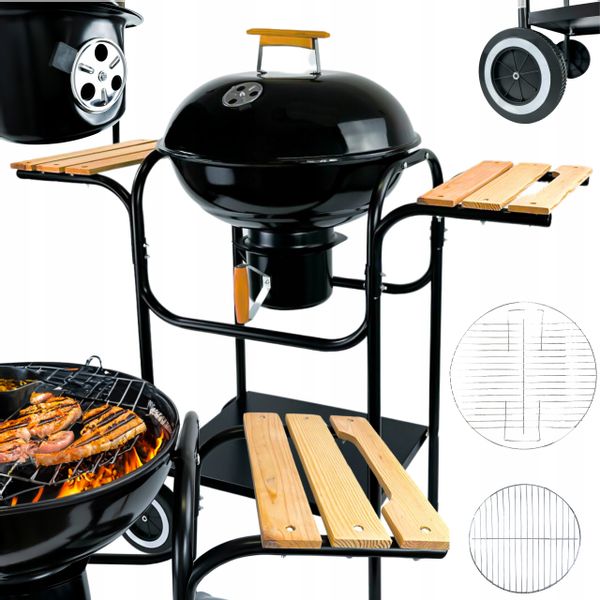 GRILL WĘGLOWY OGRODOWY NA KÓŁKACH OKRĄGŁY Z POKRYWĄ I POPIELNIKIEM ...