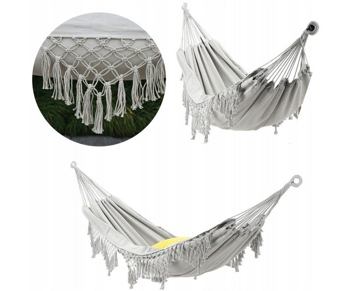 Kup HAMAK BOHO z frędzlami SZARY 200x150 cm Udźwig 150 kg Ogród Taras ...