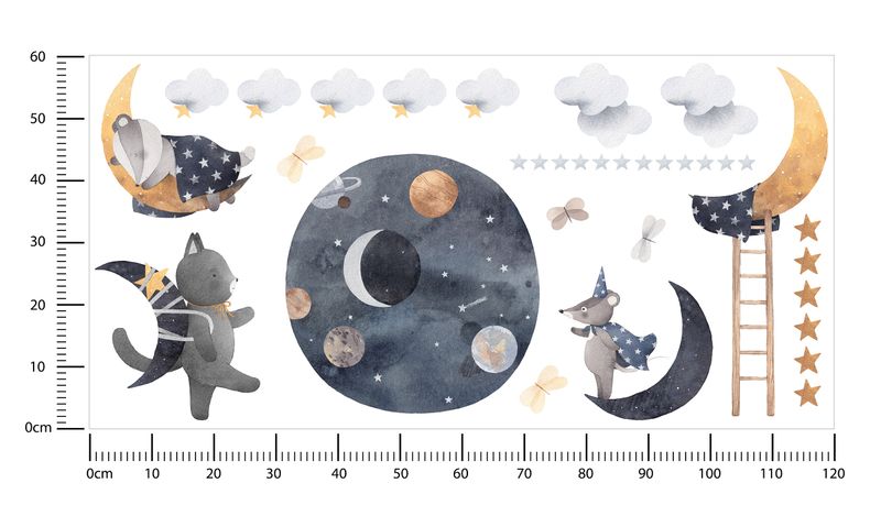 Naklejki Dziecięce KOSMOS Zwierzęta Chmury Gwiazdy ZESTAW 120cm x 60cm - Arena.pl