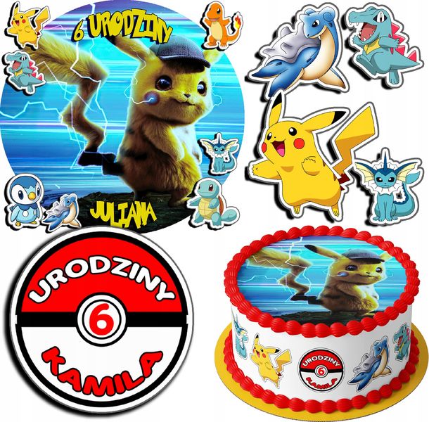 ZESTAW OPŁATEK NA TORT 20CM + 17 POSTACI - POKEMON + IMIĘ 15CM 18CM ...