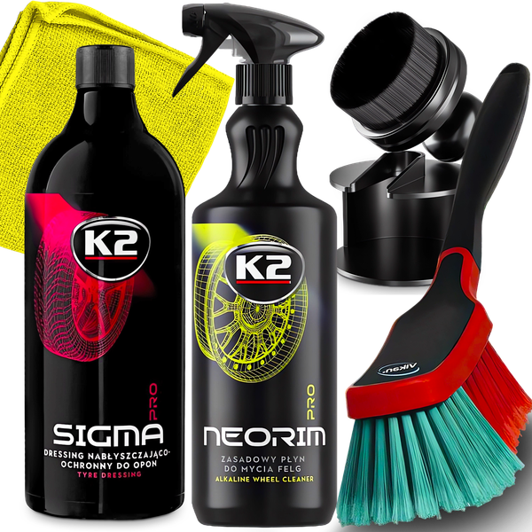 Kup K2 ZESTAW DO KÓŁ OPON PŁYN DO MYCIA FELG DRESSING OPON SZCZOTKA ...