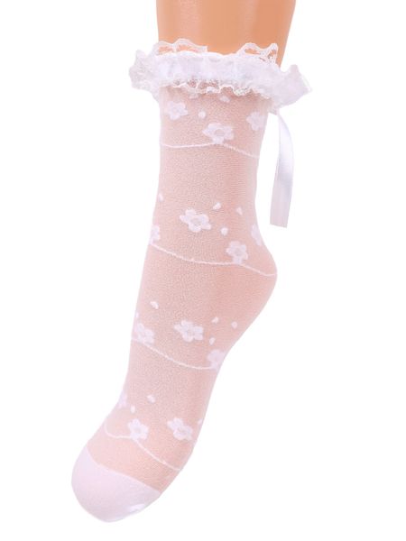 Skarpety dziewczęce rajstopowe kwiatki falbanka kokardka białe 27-30 YOCLUB - Arena.pl