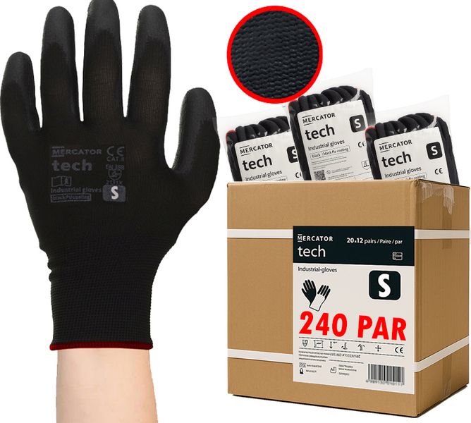 Rękawice Robocze MERCATOR Tech Black+Black PU - S - 240 Par - Arena.pl