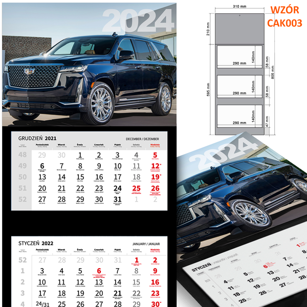 Kalendarz 2024 CADILLAC trójdzielny trójdzielne 3-dzielny WZÓR: CAK003 ...