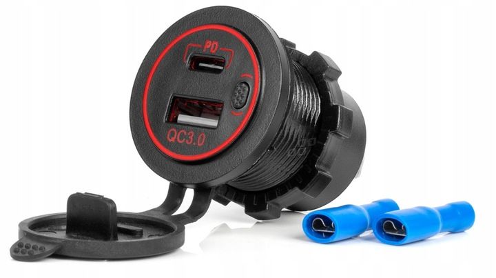 Ładowarka wodoodporna samochodowa z gniazdami USB + USB-C QC3.0 12V 24V ...