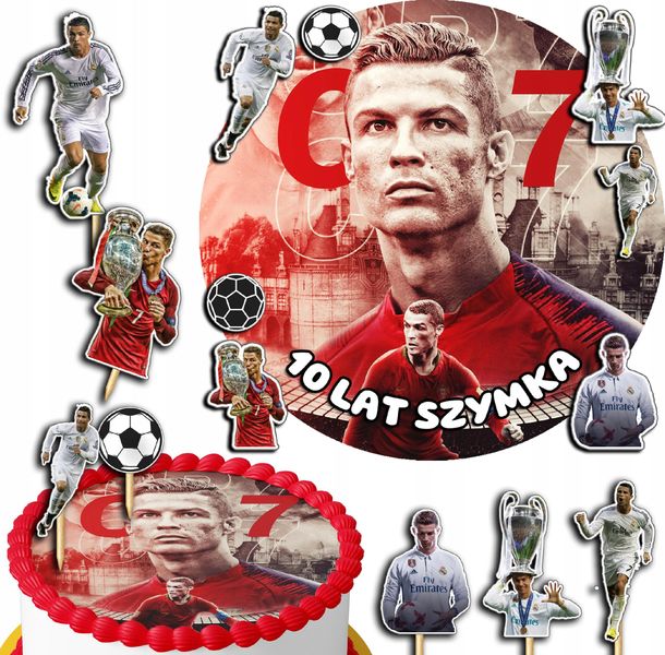 ZESTAW OPŁATEK NA TORT 20CM + TOPPERY PAPIEROWE - RONALDO IMIĘ 15CM ...