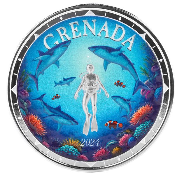Grenada: Shark Diver kolorowana 1 uncja Srebra 2024 Proof - Arena.pl