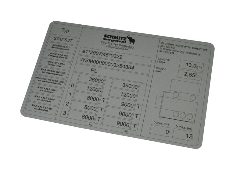 Tabliczka znamionowa, odtworzenie tabliczki SCHMITZ Cargobull srebrna ...