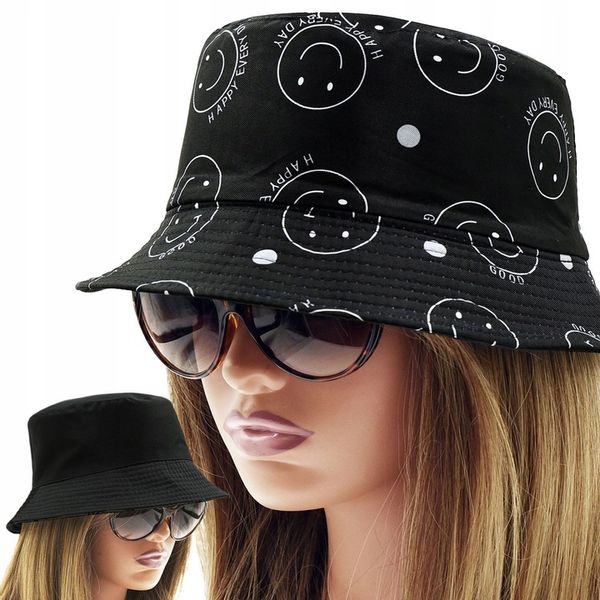 Letni KAPELUSZ wędkarski rybacki bucket hat DWUSTRONNY czarny emotki buźki - Arena.pl