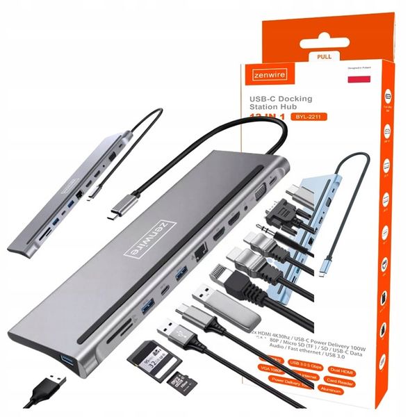 STACJA DOKUJĄCA HUB ADAPTER USB-C 12w1 RJ45 2x HDMI 4K ETHERNET VGA USB 3.0 - Arena.pl