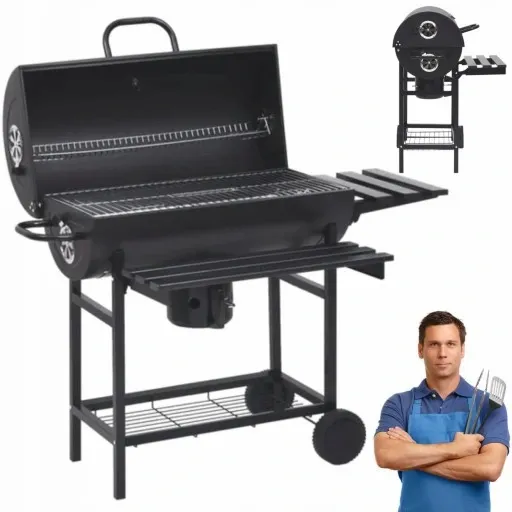 GRILL WĘGLOWY OGRODOWY BECZKA POKRYWA + POPIELNIK + PÓŁKI PRZENOŚNY ...