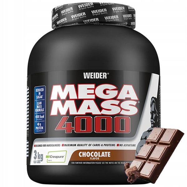 WEIDER MEGA MASS 4000 3kg GAINER CZEKOLADA MASA BIAŁKO WĘGLOWODANY ...