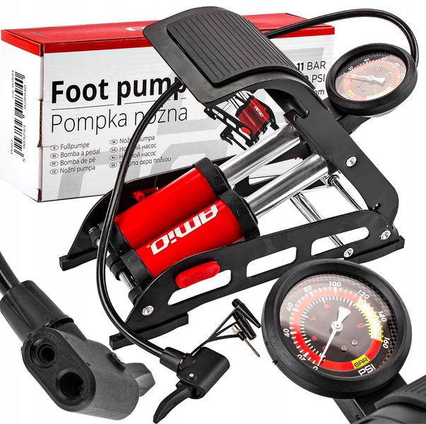 POMPKA NOŻNA DWUTŁOKOWA HQ AMIO Z MANOMETREM IGŁA SPORTOWA ZAWRÓW ...