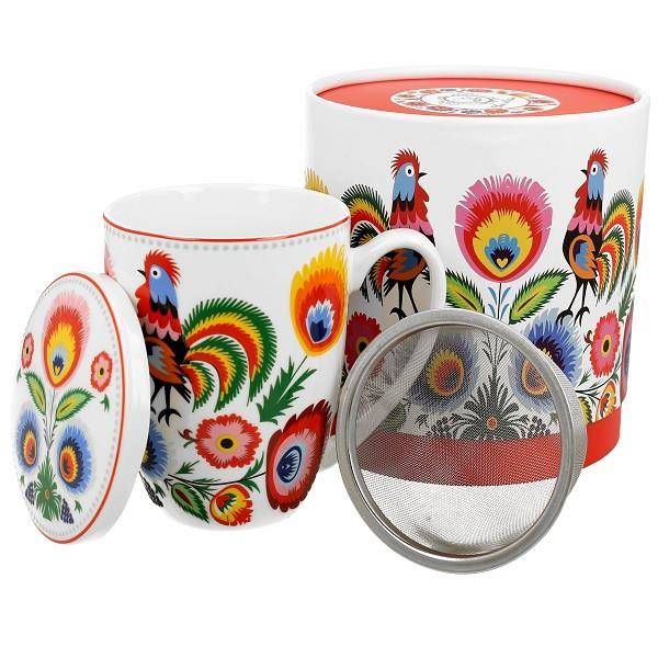 Zestaw Kubek Porcelanowy z Zaparzaczem Duo Wzory Ludowe Kwiaty Kogut 420 ml - Arena.pl