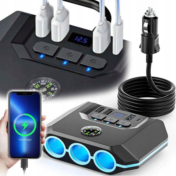 Rozdzielacz Samochodowy Gniazda Zapalniczki 12-24V 3x USB 3.0QC USB-C 120W - Arena.pl