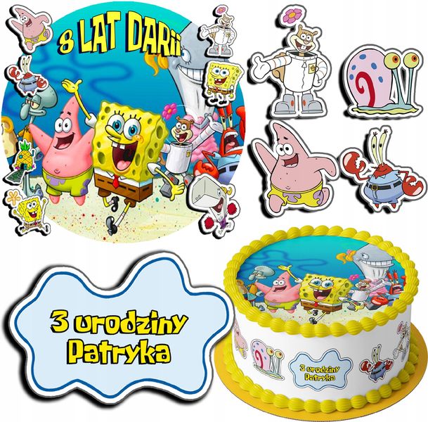 ZESTAW OPŁATEK NA TORT 20CM + 17 POSTACI - SPONGEBOB + IMIĘ 15CM 18CM ...
