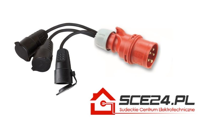 Przejściówka - adapter wtyk 16A/5 400V na 3 x gniazdo gumowe 230V ...