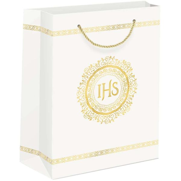 Torebka prezentowa "Komunia Święta IHS - zdobione pasy", PartyPal, 26x32 - Arena.pl
