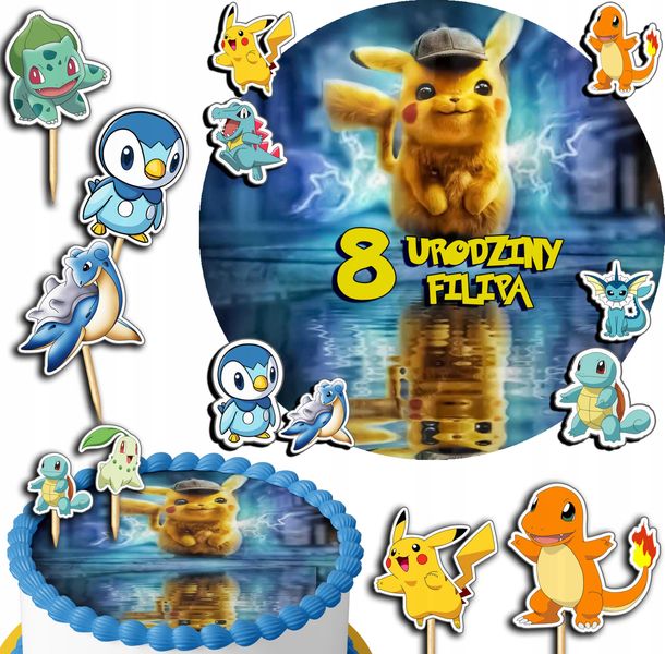 ZESTAW OPŁATEK NA TORT 20CM + TOPPERY PAPIEROWE - POKEMON + IMIĘ 15CM ...