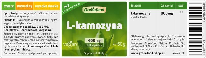 Kup Greenfood L-karnozyna, 400 mg, 120 kapsułek, wysoka dawka ...