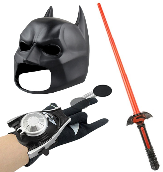 ZESTAW SUPERBOHATER BATMAN MASKA LATEKSOWA MIECZ ŚWIETLNY STRZELAJĄCA ...