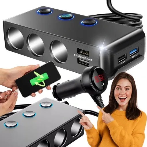 ROZDZIELACZ ROZGAŁĘŹNIK GNIAZDA ZAPALNICZKI 12-24V 4xUSB QC PD + ŁADOWARKA - Arena.pl
