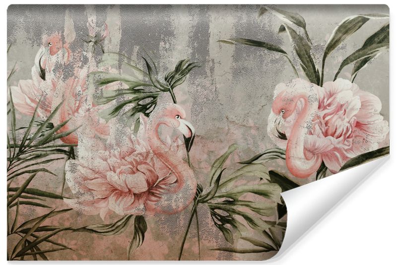 Fototapeta Do Jadalni ABSTRAKCJA Flamingi Liście Beton Mur 315cm x 210cm - Arena.pl
