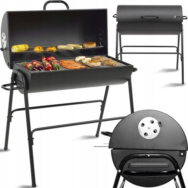 DUŻY GRILL WĘGLOWY OGRODOWY ZAMYKANY STOŁOWY Z POKRYWĄ PÓŁKĄ BECZKA BBQ ...