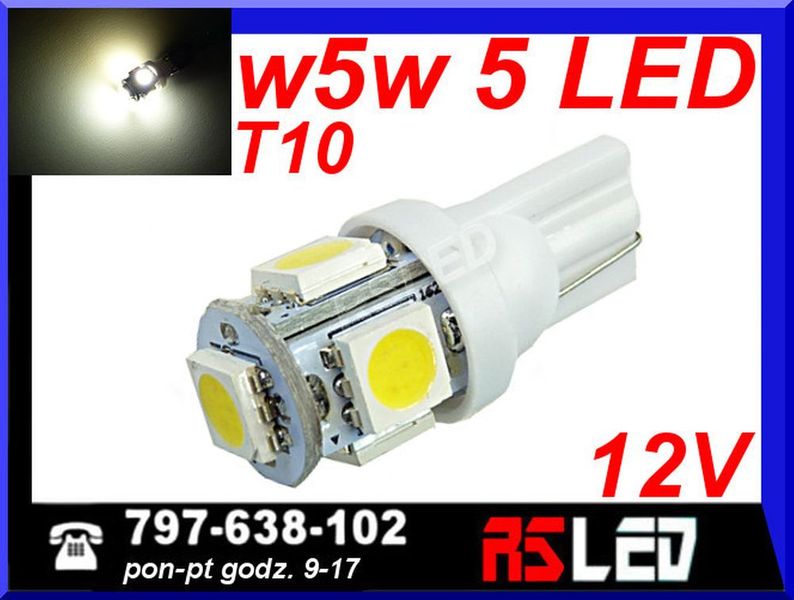 żarówka LED T10 5 SMD w5w w3w R10 biała CIEPŁA 12v EKO - Arena.pl