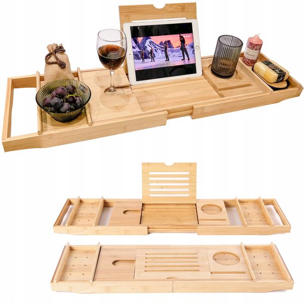 Regulowana półka bambusowa na wannę - stolik łazienkowy Jumi 75-100 cm ...