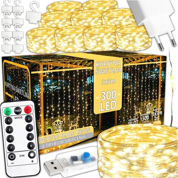 KURTYNA ŚWIETLNA 300LED 3x3m LAMPKI SOPLE - MOCNA PILOT - Arena.pl