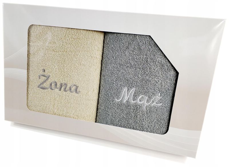 Komplet 2 ręczników Present 50x90 Greno prezent haft ŻONA MĄŻ krem pop ...