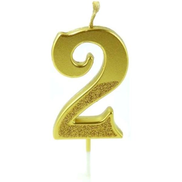Świeczka na tort "Cyfra 2 - Brokatowa", złota, Jix, 12 cm - Arena.pl