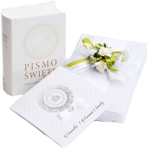 Prezent na I Komunię PIĘKNE Pismo Św. Pamiątka - Arena.pl