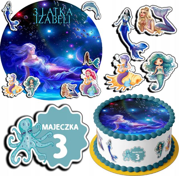 ZESTAW OPŁATEK NA TORT 20CM + 17 POSTACI - SYRENKA + IMIĘ 15CM 18CM ...