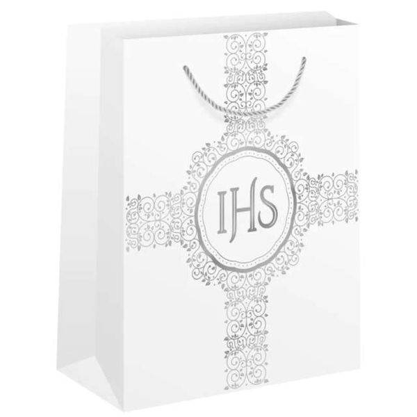 Torebka prezentowa "Komunia Święta - krzyż IHS", PartyPal, 15x20x10 cm - Arena.pl