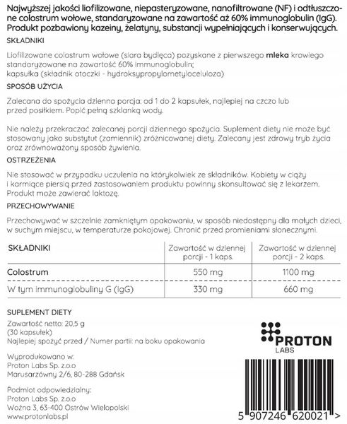 Proton Labs COLOSTRUM PRO 60% IG PREMIUM NAJMOCNIEJSZE 30kaps ...