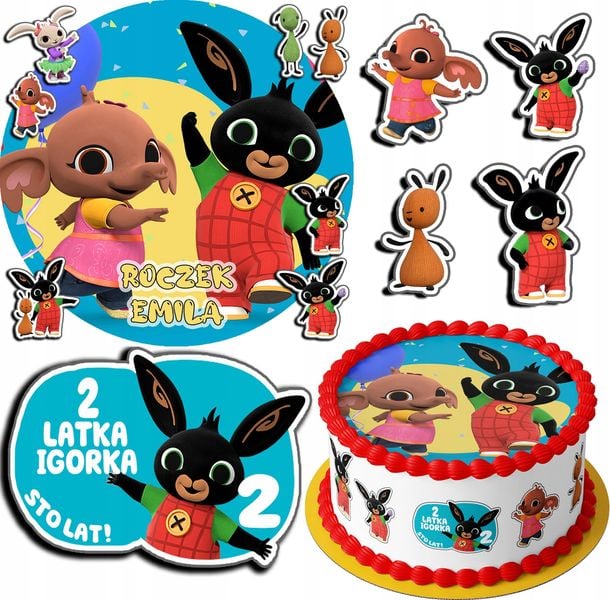 ZESTAW OPŁATEK NA TORT 20CM + 17 POSTACI - KRÓLIK BING + IMIĘ 15CM 18CM ...